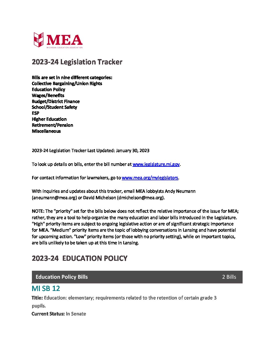 2023-0131-Leg-Tracker - Michigan Education Association