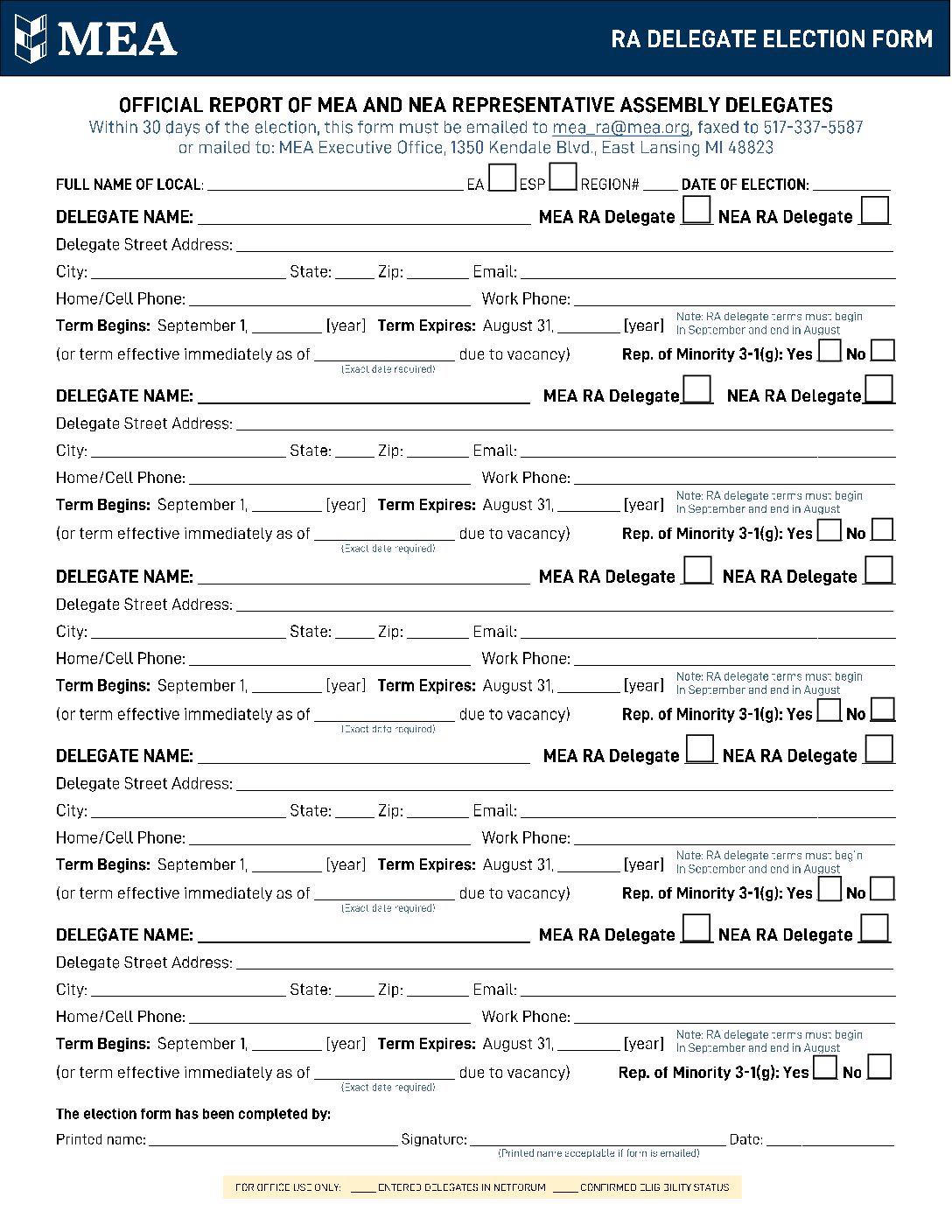 RA Delegate Election Form 2023 FILLABLE - Michigan Education Association