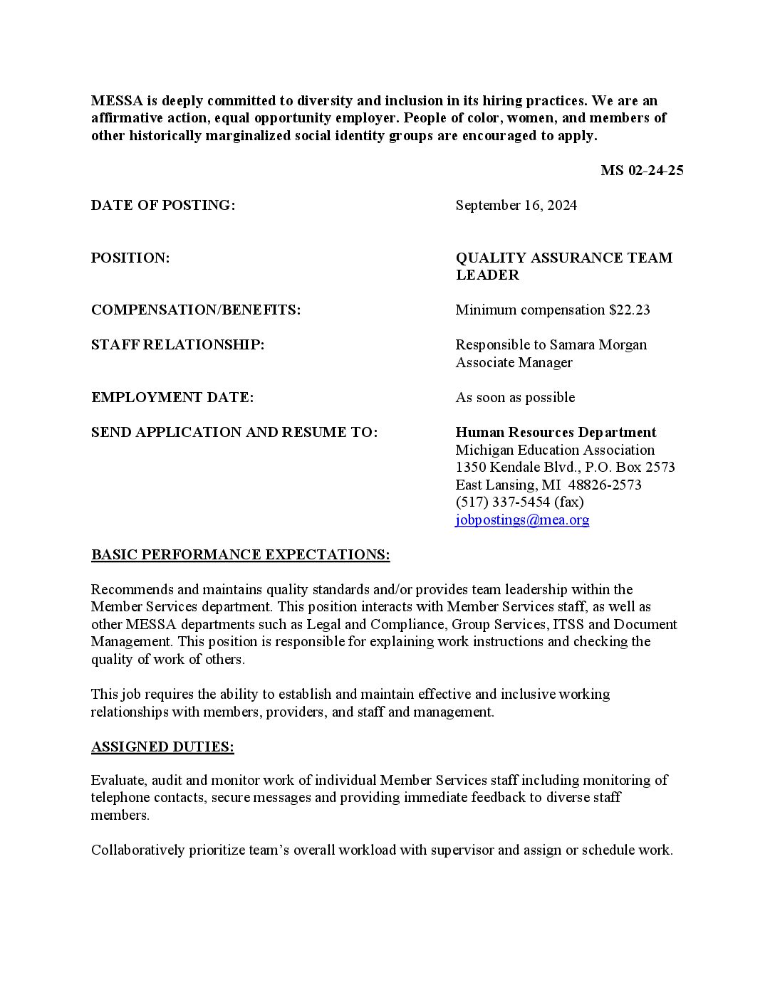 Quality Assurance Team Leader - Michigan Education Association