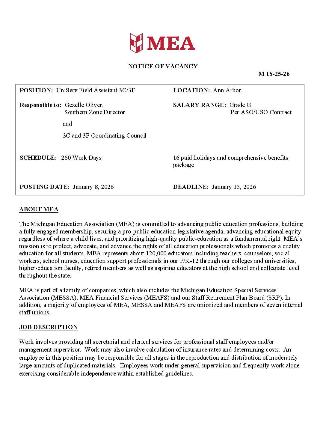 UniServ Field Assistant 3C, 3F - Michigan Education Association